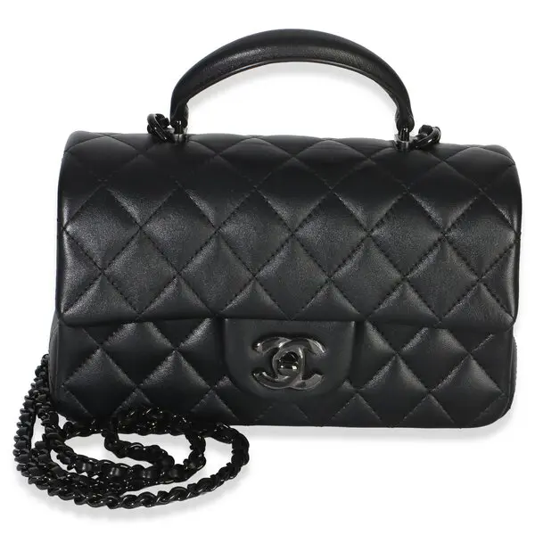 Chanel Quilted Lambskin Top Handle Rectangular Flap Bag - Black