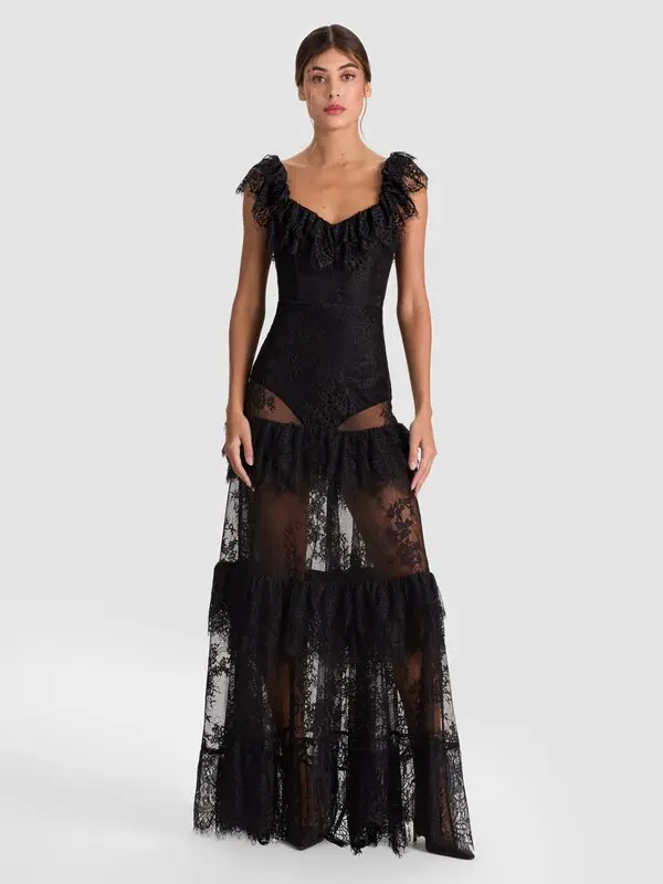Alice + Olivia Myrna Lace Tiered Gown - Black