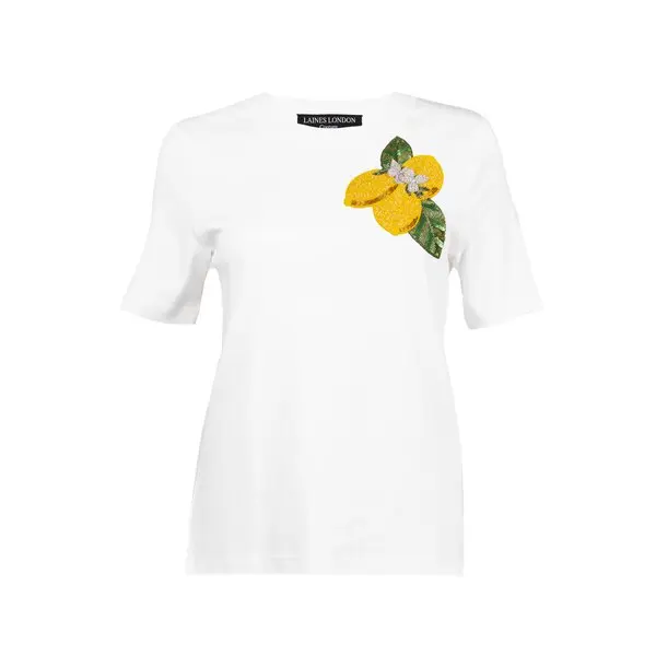 HOUSE OF LAINES LONDON Couture Embellished Lemon T-shirt - White