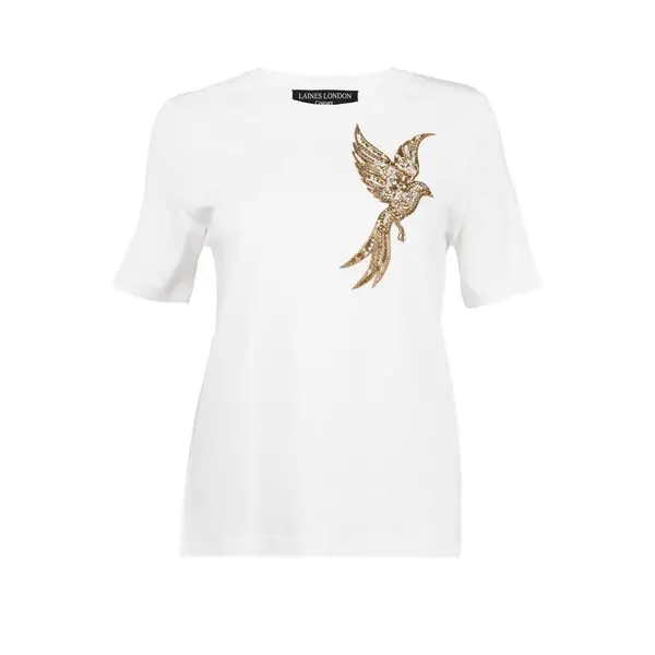 HOUSE OF LAINES LONDON Embellished Bird Of Paradise T-shirt - White/gold