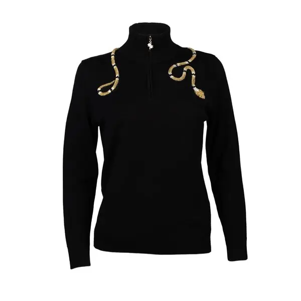 HOUSE OF LAINES LONDON Laines Couture Quarter Zip Jumper With Embellished Gold Wrap Snake - Black