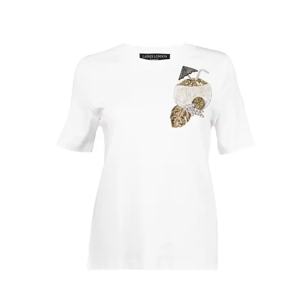 HOUSE OF LAINES LONDON White / Gold Laines Couture Embellished Pina Colada T-shirt White - White/gold