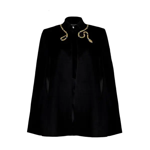 HOUSE OF LAINES LONDON Laines Couture Wool Blend Cape With Embellished Wrap Around Gold Snake - Black