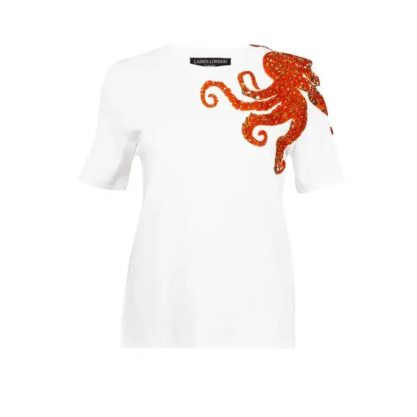 HOUSE OF LAINES LONDON Embellished Octopus T-shirt - White/orange
