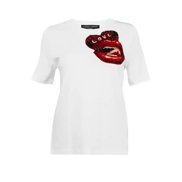 HOUSE OF LAINES LONDON White / Red Laines Couture Embellished Love Lips T-shirt White - White/red
