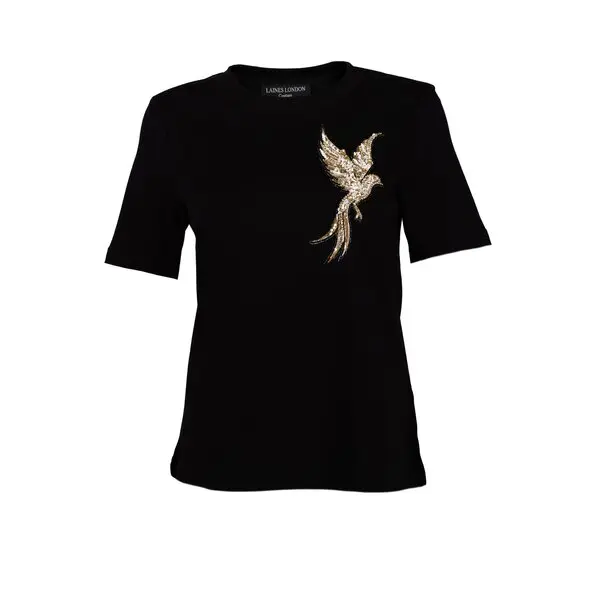 HOUSE OF LAINES LONDON Embellished Bird Of Paradise T-shirt - Black/gold
