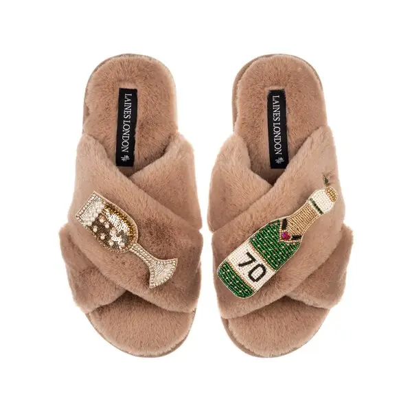 LAINES LONDON Neutrals Classic Laines Slippers With Champagne & Glass 70th Birthday Brooches Toffee - Brown