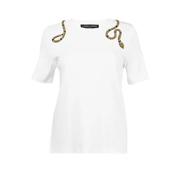 HOUSE OF LAINES LONDON White / Gold Laines Couture Embellished Black & Gold Wrap Around Snake T-shirt White - White/gold