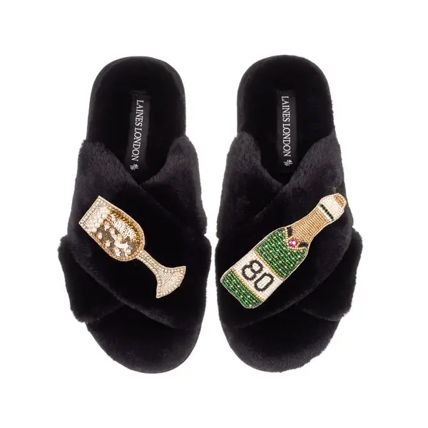 LAINES LONDON Classic Laines Slippers With Champagne & Glass 80th Birthday Brooches - Black
