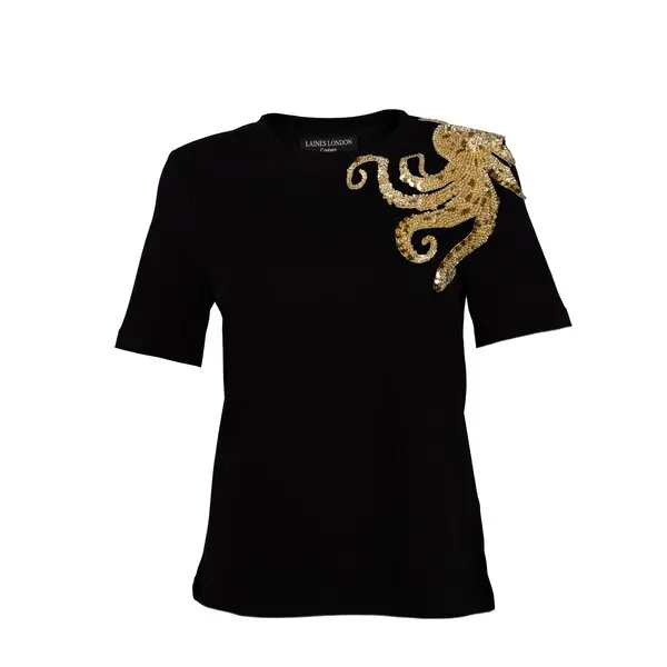 HOUSE OF LAINES LONDON Black / Gold Laines Couture Embellished Gold Octopus T-shirt Black - Black/gold