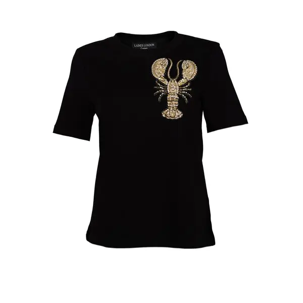 HOUSE OF LAINES LONDON Black / Gold Laines Couture Embellished Lobster T-shirt Black - Black/gold
