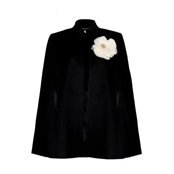 HOUSE OF LAINES LONDON Black / Gold / Neutrals Laines Couture Wool Blend Cape With Embellished Cream Corsage Black - Black/gold