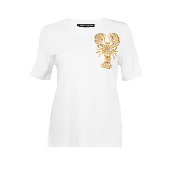 HOUSE OF LAINES LONDON White / Gold Laines Couture Embellished Lobster T-shirt White - White/gold