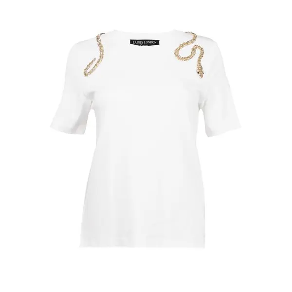 HOUSE OF LAINES LONDON Laines Couture Embellished Crystal Wrap Around Snake T-shirt - White