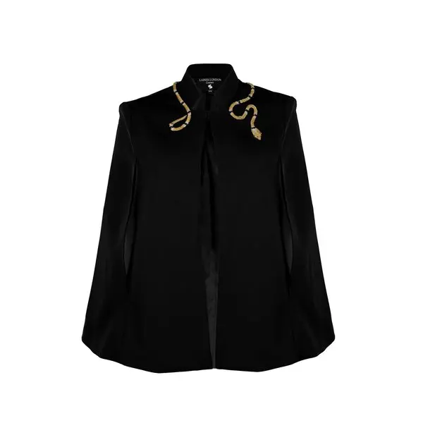 HOUSE OF LAINES LONDON Laines Couture Tailored Cape With Embellished & Gold Wrap Around Snake - Black