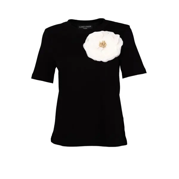 HOUSE OF LAINES LONDON Embellished Organza Corsage T-shirt - Black