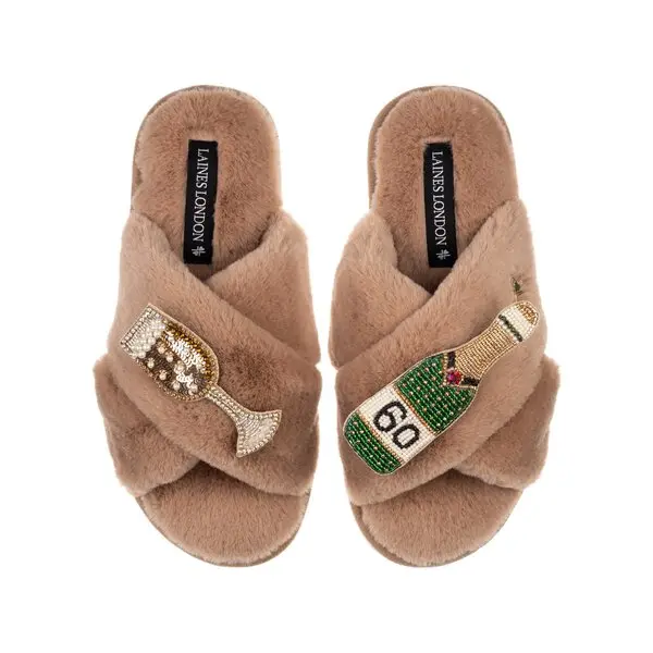 LAINES LONDON Neutrals Classic Laines Slippers With Champagne & Glass 60th Birthday Brooches Toffee - Brown