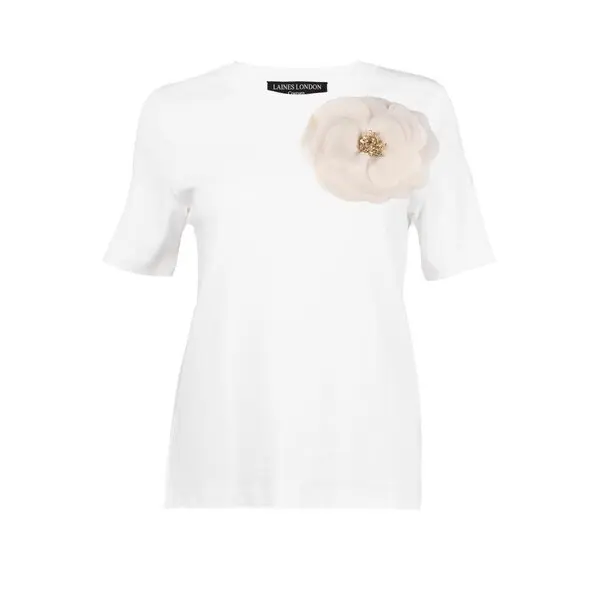 HOUSE OF LAINES LONDON Embellished Cream Organza Corsage T-shirt - White