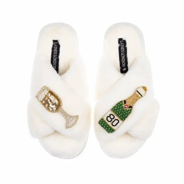 LAINES LONDON Neutrals / Classic Laines Slippers With Champagne & Glass 80th Birthday Brooches Cream - White