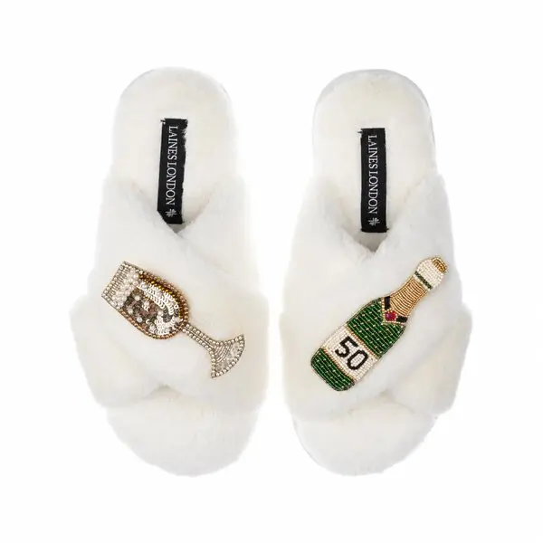 LAINES LONDON Neutrals / Classic Laines Slippers With Champagne & Glass 50th Birthday Brooches Cream - White