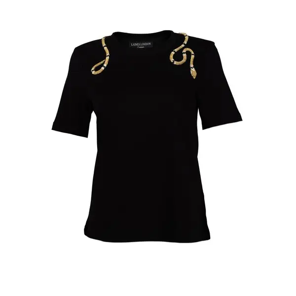 HOUSE OF LAINES LONDON Black / Gold Laines Couture Embellished Black & Gold Wrap Around Snake T-shirt Black - Black/gold