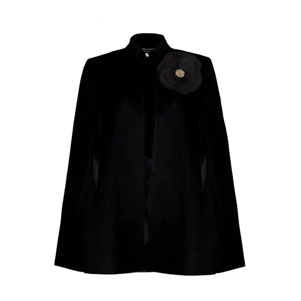 HOUSE OF LAINES LONDON Black / Gold Laines Couture Wool Blend Cape With Embellished Black Corsage Black - Black/gold