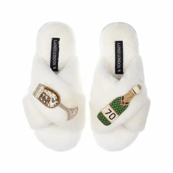 LAINES LONDON Neutrals / Classic Laines Slippers With Champagne & Glass 70th Birthday Brooches Cream - White