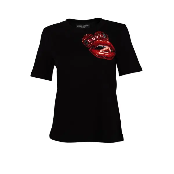 HOUSE OF LAINES LONDON Black / Red Laines Couture Embellished Love Lips T-shirt Black - Black/red