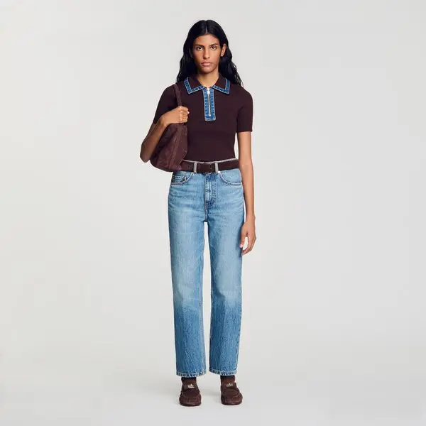 Sandro Polo Sweater With Denim Collar