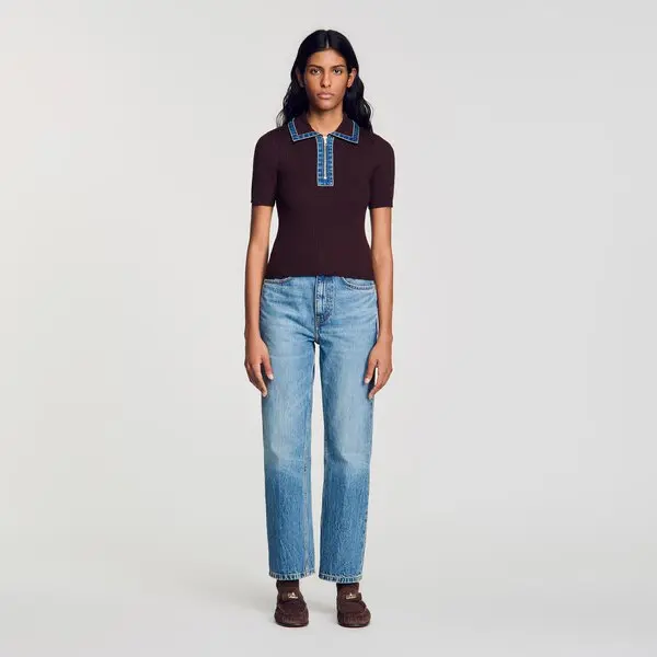 Sandro Rib-knit Polo Sweater With Denim Collar