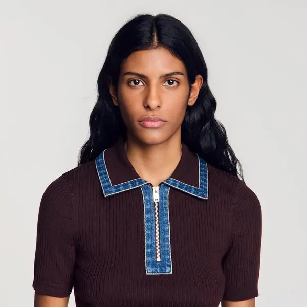 Sandro Rib-knit Polo Sweater With Denim Collar