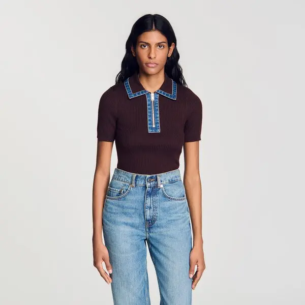 Sandro Rib-knit Polo Sweater With Denim Collar