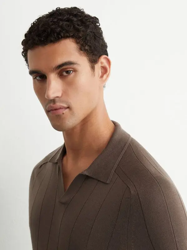REISS Chelmsford Merino Wool Wide-rib Polo Jumper - Ridge Brown