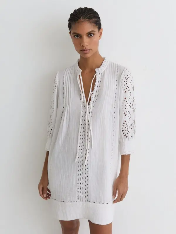 REISS Gia Cotton Broderie Mini Dress