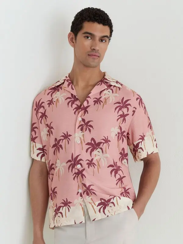 REISS Madrona Palm-print Cuban-collar Shirt