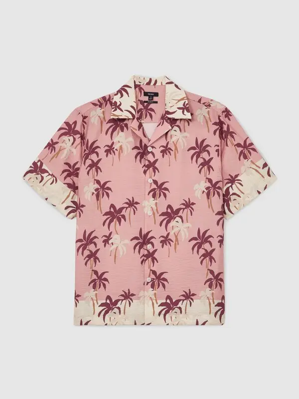 REISS Madrona Palm-print Cuban-collar Shirt