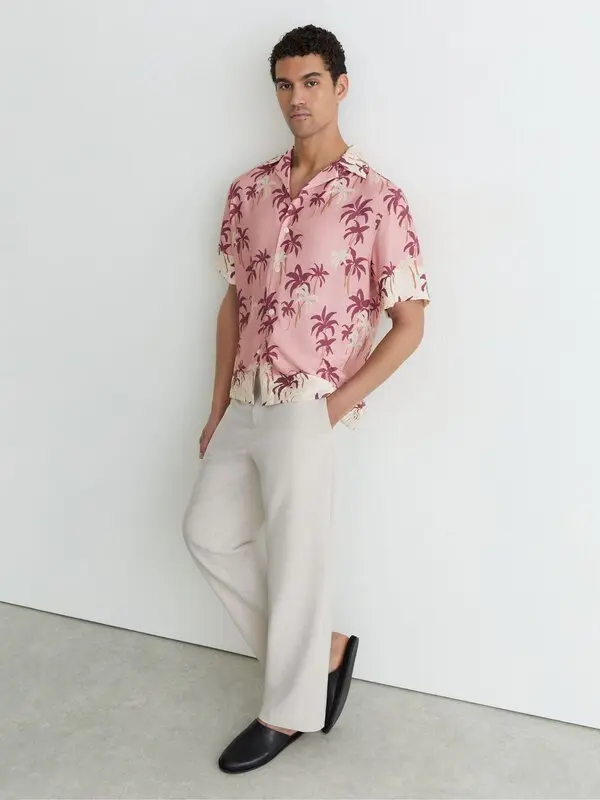 REISS Madrona Palm-print Cuban-collar Shirt
