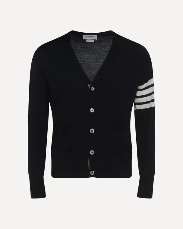 Thom Browne Virgin Wool V-neck Cardigan With Signature Stripes - Blue