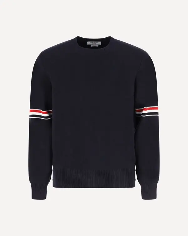 Thom Browne Cotton Crewneck Sweater With Striped Sleeves - Blue