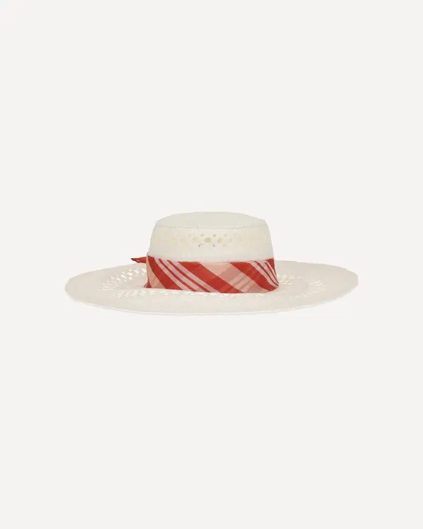 Ermanno Scervino Straw Wide-brim Hat With Vichy Print Silk Scarf