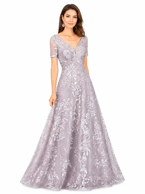LARA NEW YORK Embroidered Lace V-neck A-line Gown - Stone