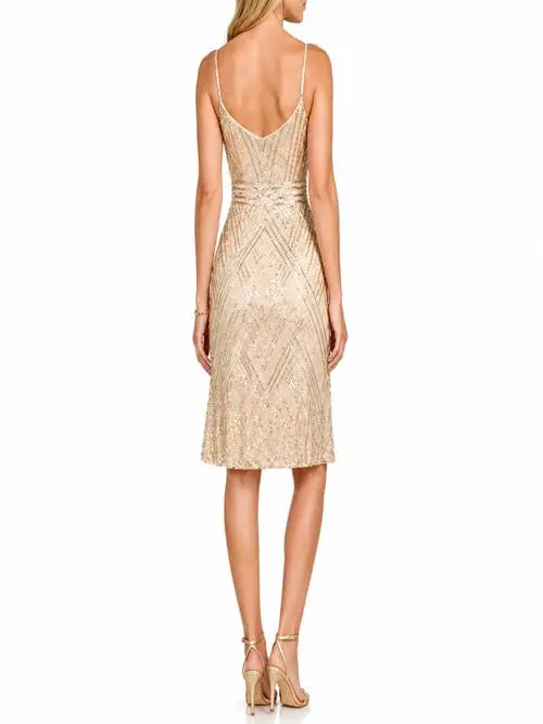 LARA NEW YORK Beaded Geometric Flounce Dress - Nude