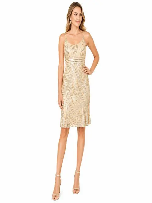 LARA NEW YORK Beaded Geometric Flounce Dress - Nude