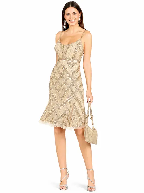LARA NEW YORK Beaded Geometric Flounce Dress - Nude