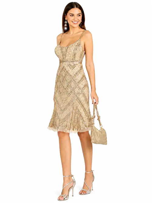 LARA NEW YORK Beaded Geometric Flounce Dress - Nude