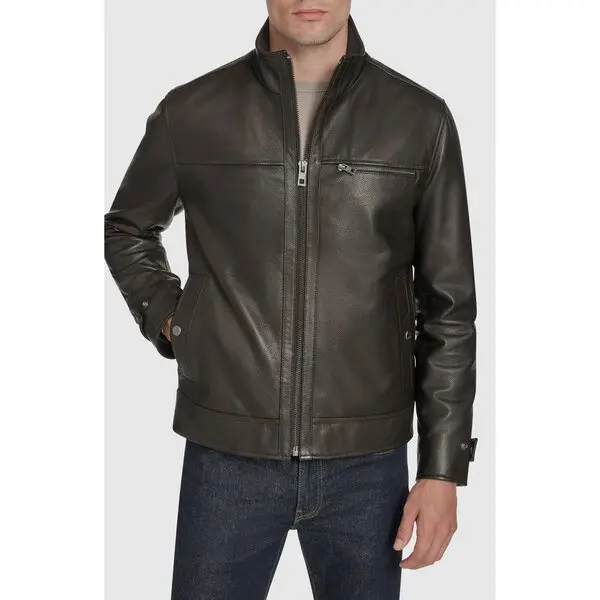 Andrew Marc Stand Collar Leather Jacket - Chocolate