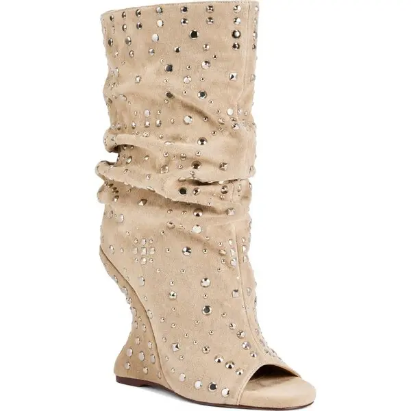 AZALEA WANG Embellished Peep Toe Wedge Slouch Boots - Beige