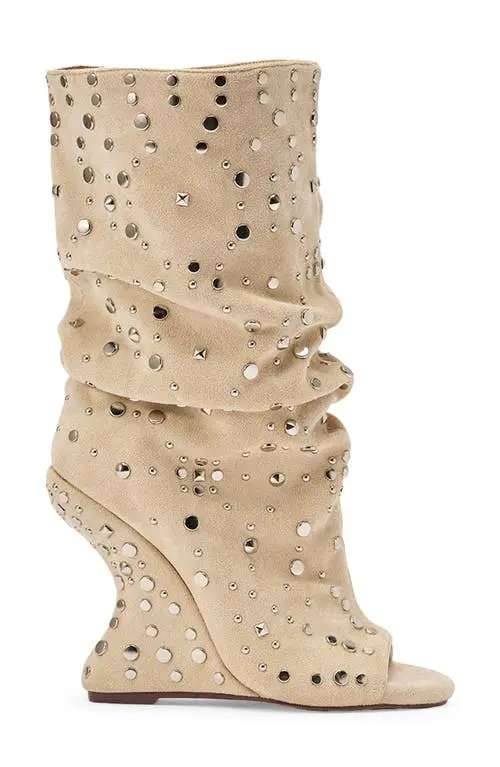 AZALEA WANG Embellished Peep Toe Wedge Slouch Boots