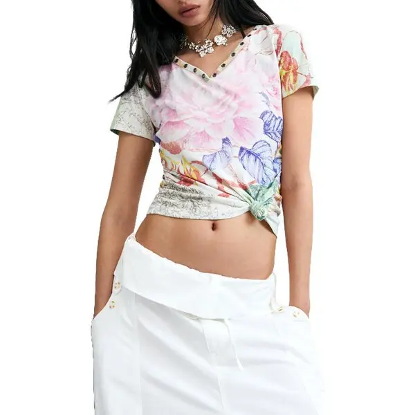 Desigual Floral V-neck Cotton Jersey Top
