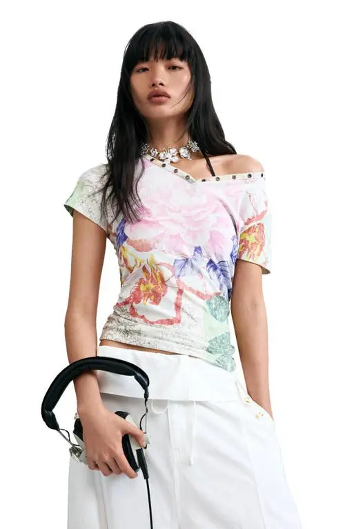 Desigual Floral V-neck Cotton Jersey Top
